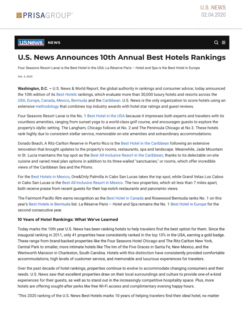 U.S. News Announces 10th Annual Best Hotels Rankings - PRISA Group